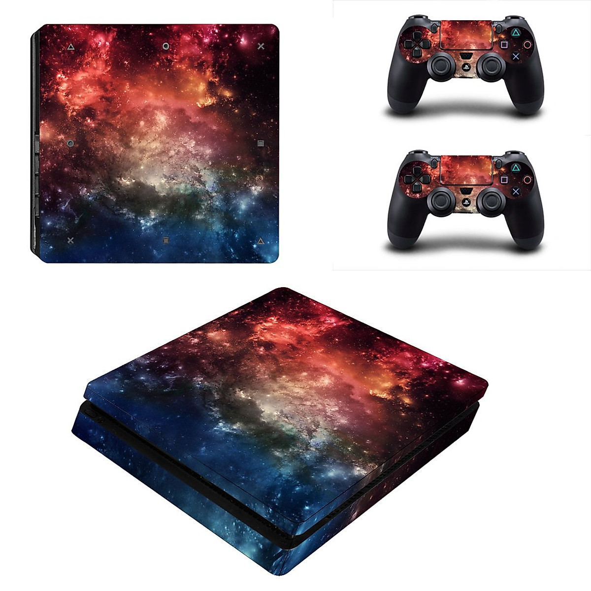 FOTTCZ Full Body Orange and Blue Cosmic Nebular Protective Vinyl Skin Decal for PS4 Slim Console and 2PCS Controller Skins Stickers