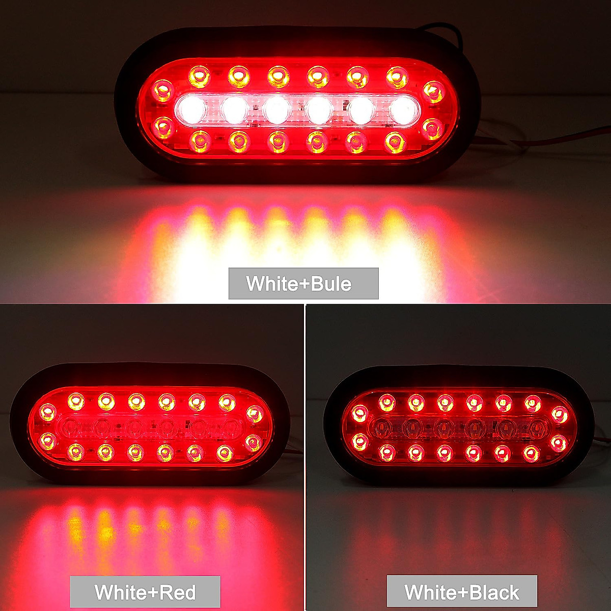 4Pcs 6.4 Inch Oval Led Trailer Tail Lights with Backup Reverse Lights, Oval Red Trailer Stop Turn Tail Lights and White Oval Trailer Backup Lights 22 LED w/Rubber Grommets and 3-Prong Wire Pigtails