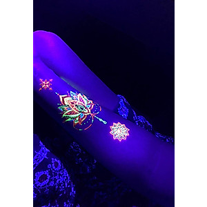 Temporary Tattoos for Glow Party UV Blacklight – 1 Sheet Lotus Floral Body Paint Art Light Festival Accessories Glow in the Dark Makeup | 7.2” x 5.2” Temp Great for EDM EDC Party Rave Parties