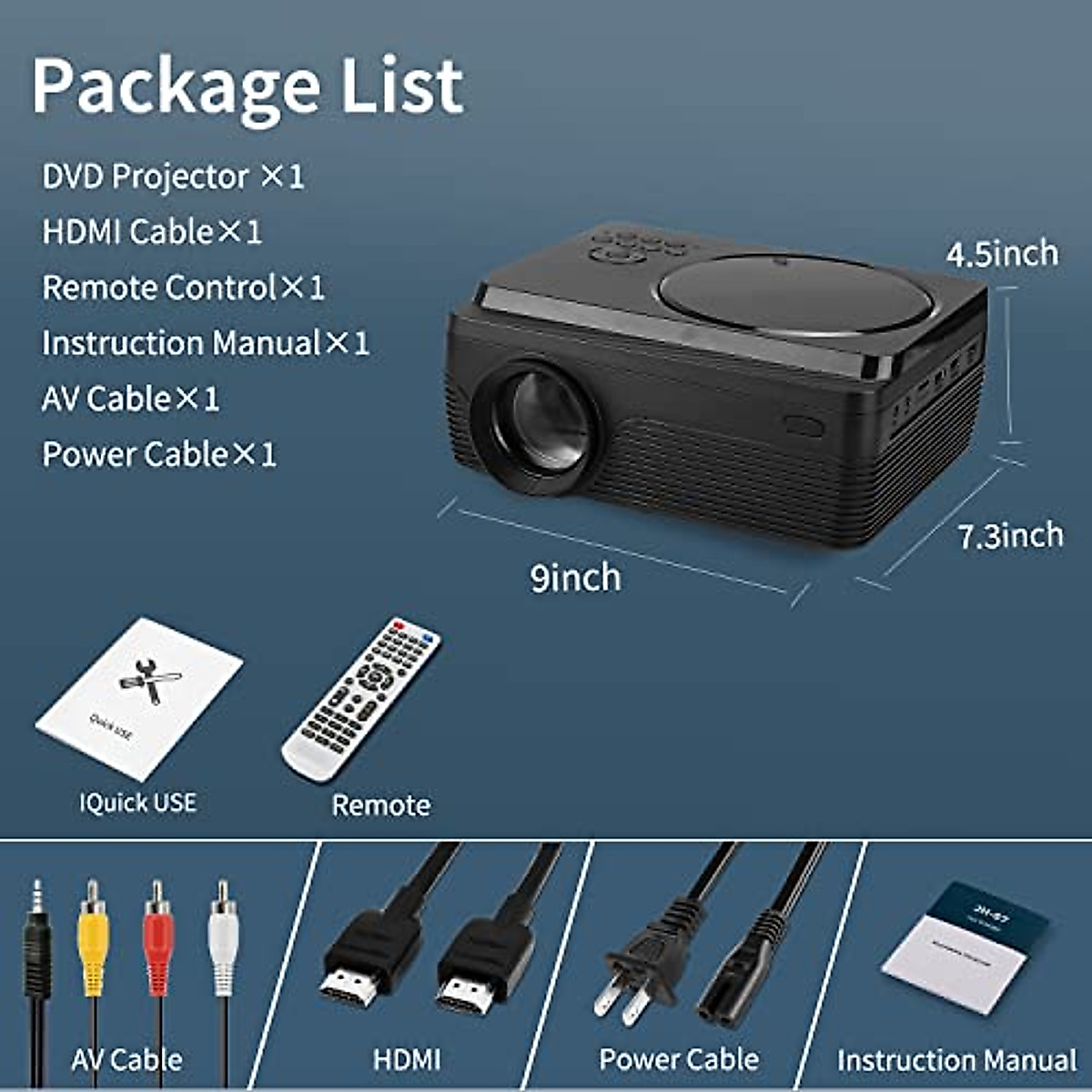 DVD Projector Protable Built in DVD Player HD 1080P Supported Movie Projector for Outdoor Use Compatible with HDMI, USB, AV, TF, VGA, TV Stick