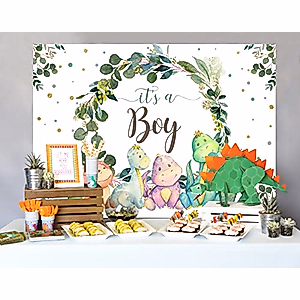 5x3ft It's a Boy Backdrop Baby Shower Cartoon Dinosaur Cactus and Eucalyptus Leaves Photography Background Kids Party Supplies Cake Table Decor Banner Photobooth Props Gift Favors, Green (ELH0C430UU)
