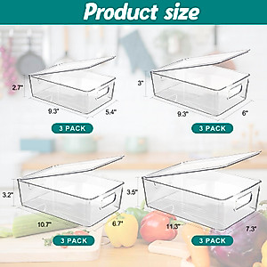 MASSUGAR Refrigerator Organizer Bins with Lid, 12 Pack Plastic Freezer Organizer Bins - Stackable Fridge Organizers and Storage for Freezer, Kitchen - Clear Pantry Organization and Storage Bins