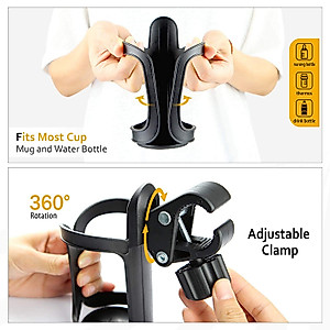 NHXTDWL 2 Pack Stroller Cup Holders,Wheelchair Cup Holder,360° Adjustable Bike Water Bottle Drink Holder with Anti-Slip Pad,Universal Drinks Holder for Bikes, Trolleys or Walkers(Black) (1)
