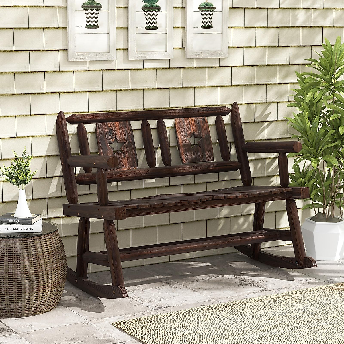 Tangkula Patio Rocking Bench, Carbonized Wood Double Rocker Chair with Ergonomic Seat, 2-Person Solid Wood Rocking Loveseat for Backyard, Porch, Garden, Rustic Farmhouse Style (1, Rustic Brown)