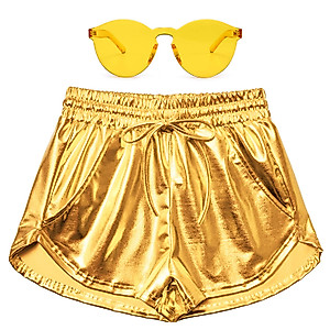 Perfashion Women's Gold Metallic Shorts Yoga Sparkly Hot Summer Drawstring Outfit Pairing with Glasses