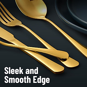 SDOM Silverware Set, Mirror Finish 24-Piece Stainless Steel Rounded Flatware Set for 6, Food-Grade Tableware Cutlery Set, Utensil Sets for Home Restaurant, Dishwasher Safe（Gold）