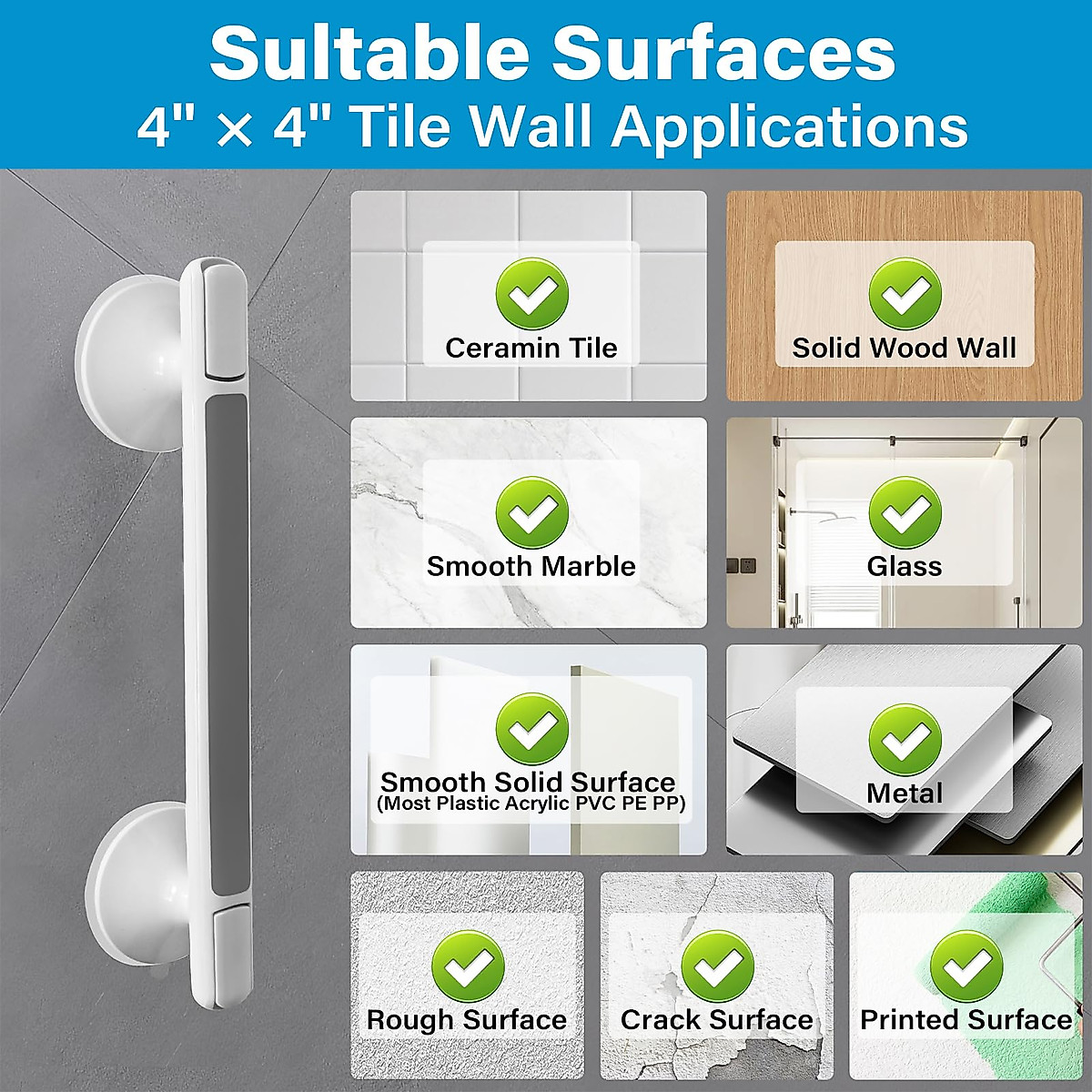 Grab Bars for Bathtubs and Showers, 2 Pack Suction Grab Bars Handle, Heavy Duty Shower Handle Removable, Safety Bars for Shower Chair, Bathroom, Shower Handrails for Seniors and Elderly, 12 Inch White