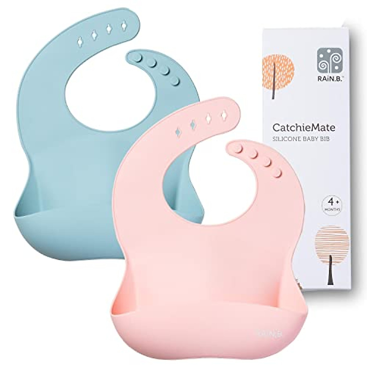 RAIN.B. Baby Silicone Bib Set of 2 - Adjustable Waterproof Baby Food Bibs with Food Catcher｜Cherry Blush + Glacier Blue