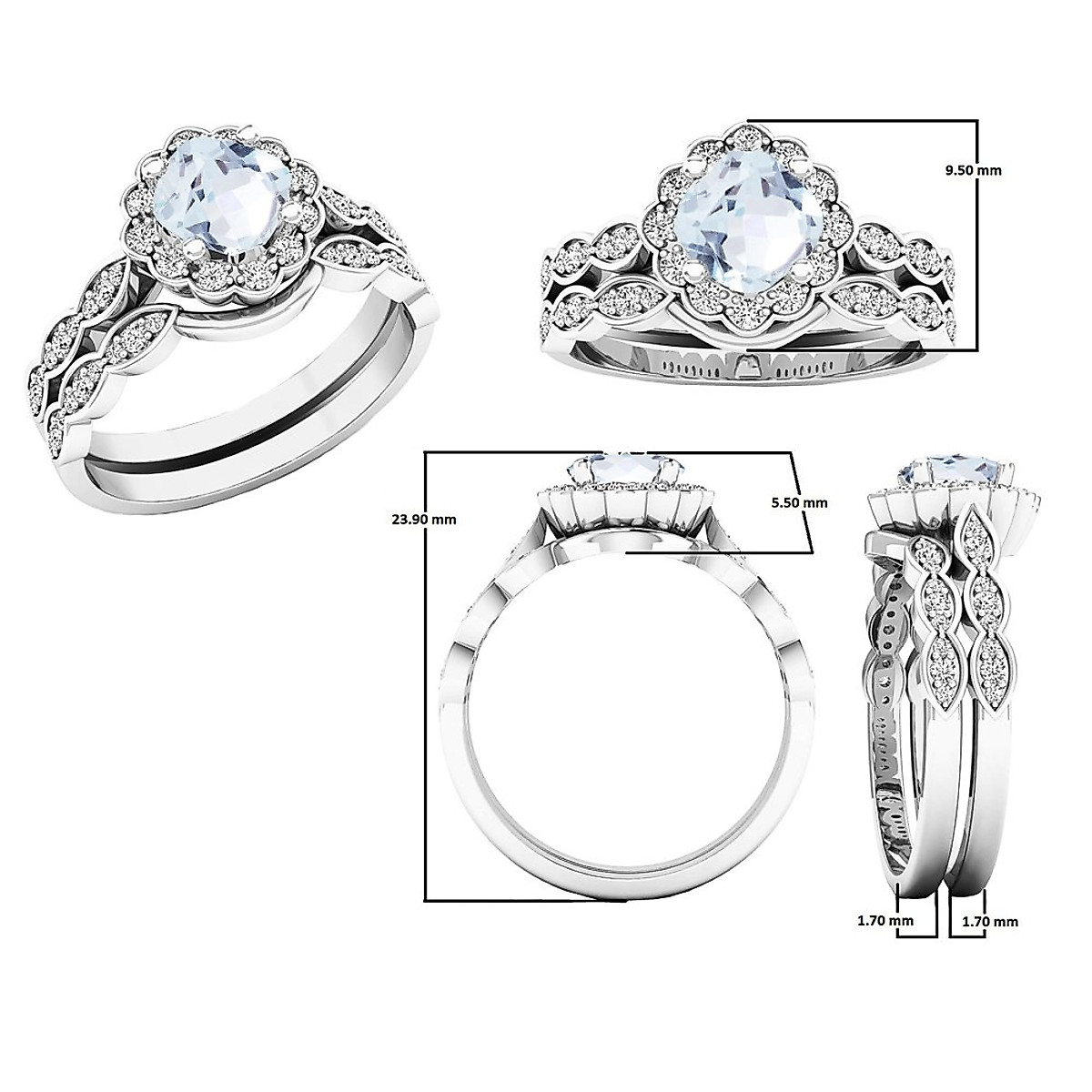 Dazzlingrock Collection 14K 5.5 MM Cushion Aquamarine & Round Diamond Ladies Halo Engagement Ring Set, White Gold, Size 6.5