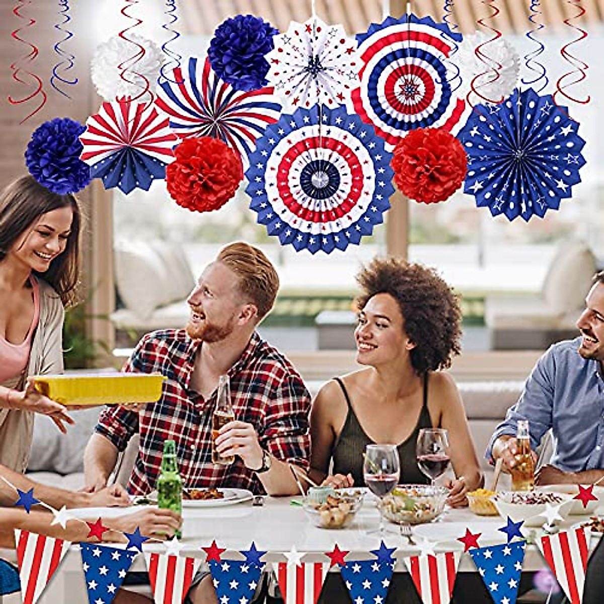 Fourth of July Decorations Red White Blue Decorations Set of Paper Fans, USA Flag Pennant Bunting, Pom Poms, Hanging Swirls, Star Streamer, Head Bopper for Memorial Day Veterans Decor