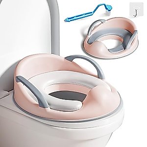 Orzbow Potty Training Toilet Seat for Boys and Girls with Handles & Detachable Soft Cushion, Kids Travel Potty Seat with Anti-Slip Design & Splash Guard, Includes Free Storage Hook,Toilet Brush, Pink