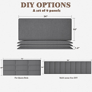 Amoveo Queen Headboard, Wall Mounted Peel and Stick Headboard, Upholstered Fabric Tufted Headboard for Queen Size, Soundproof Wall Panels, DIY Headboard Panels for Bedroom Modern(9 Panels, 10"x24")