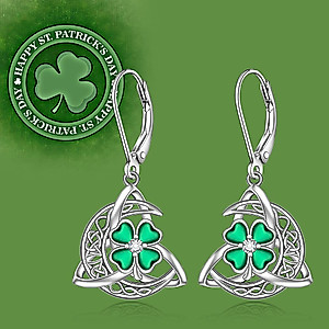 Shamrock Earrings St Patricks Day Earrings for Women Celtic Knot Four Leaf Clover Trinity Irish Leverback Drop Sterling Silver Green Jewelry