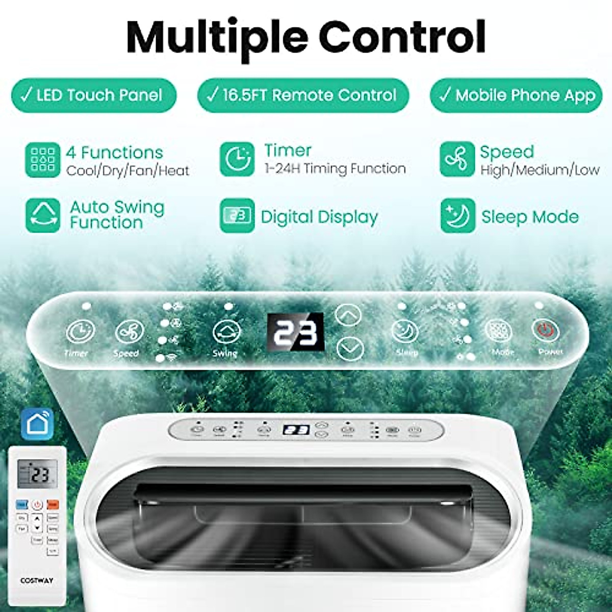 COSTWAY Portable Air Conditioners, 12000 BTU 4 in 1 AC Unit with Cool, Fan, Heat & Dehumidifier, Alexa Voice-Enabled Air Cooler with WiFi Smart App Control, LED Display, 24H Timer, Cools up to 450 Sq. Ft (12000BTU)