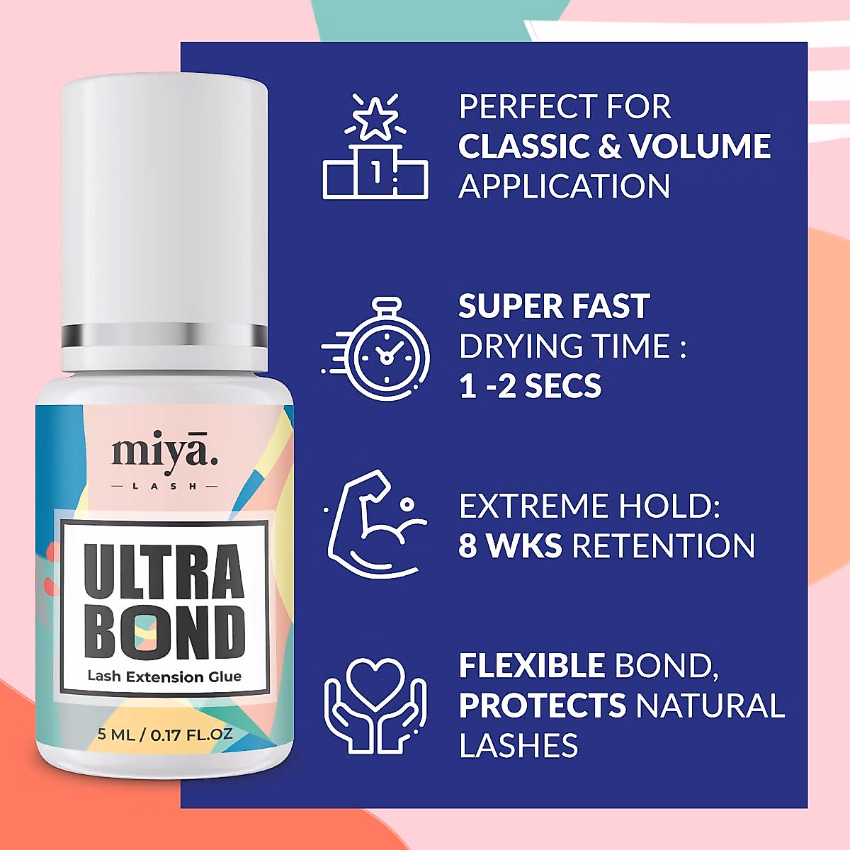 MIYA LASH Ultra Bond Eyelash Extension Glue | Professional Use | 8 Weeks Retention | 1-2 Sec Dry Time | Volume & Classic Individual Lash Adhesive | Super Strong Bond Lash Extension Glue 5ml Salon Use