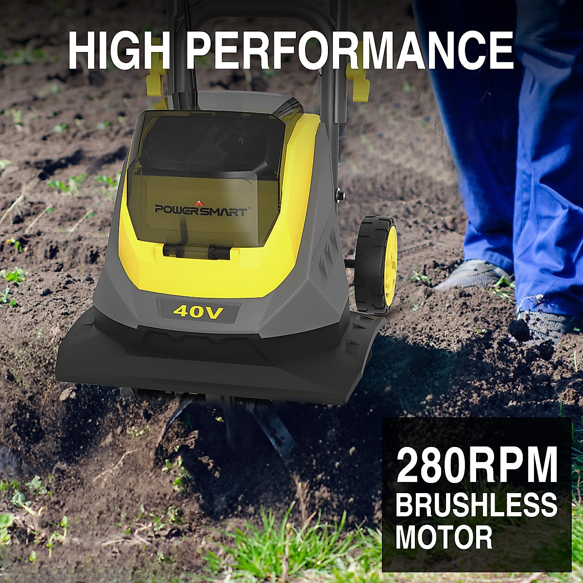 PowerSmart 40V 12" Cordless Tiller/Cultivator, Two 20V 4.0Ah Battery and Charger Included