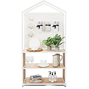 3 Tiered Shelving Display with Iron Frame, Pegboard Panel Shelving Unit, Paulownia Wood - Ivory