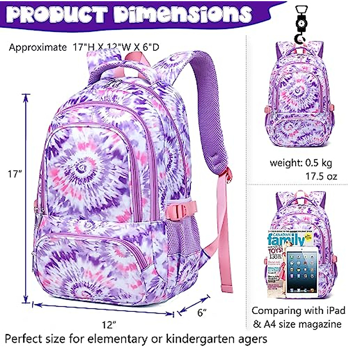 BLUEFAIRY Kids Backpack for Girls Elementary Primary Middle School Bags for Teens Childs Tie Dye Bookbags Cute Durable Travel Gifts Morrales Mochilas para Niñas de 4 5 6 7 8 9 Nños 17 Inch (Purple)