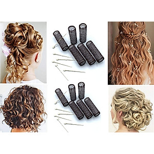 12 pc Vintage Style Hair Rollers BRUSH ROLLERS & 12 PINS - Mesh Hair Curlers with Bristles 3"x 7/8" (12 Large Rollers & Pins)