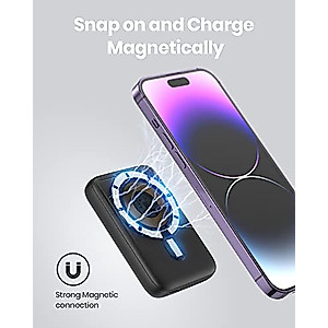 SAFUEL Magnetic Portable Charger, 10000mAh 20W PD QC3.0 Wireless Power Bank Fast Charging, USB C in&Out External Battery Pack, Compatible with iPhone 14 13 12 Pro Max Mini and MagSafe Case