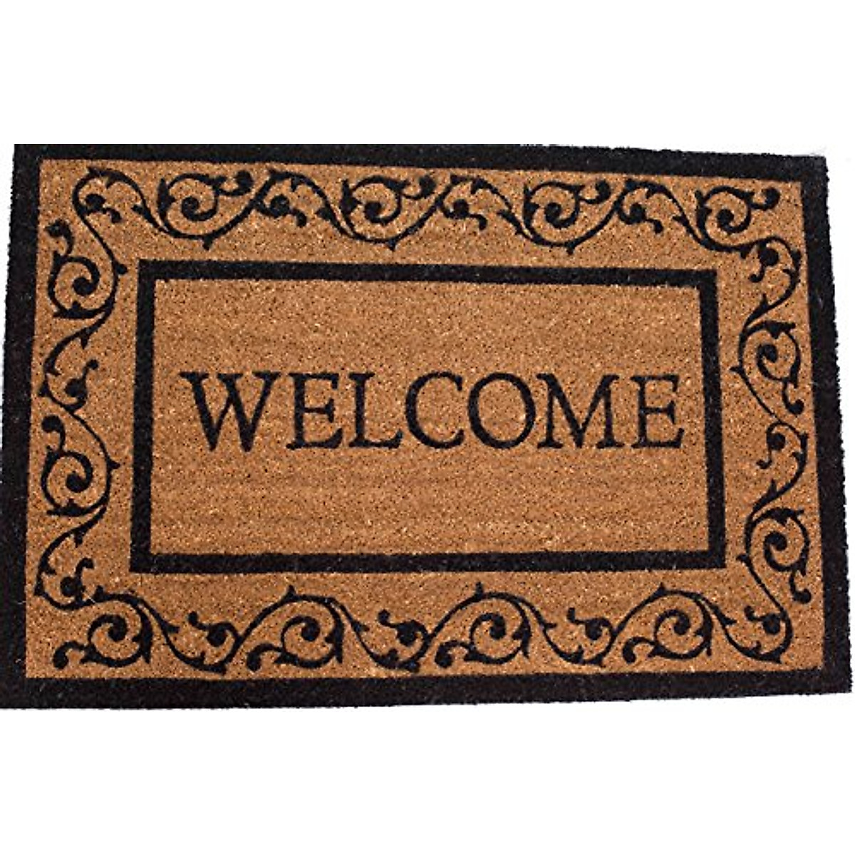 BirdRock Home Welcome Coir Doormat with Scroll Border - 24 x 36 Inch - Oversized Welcome Mat with Black Border and Natural Fade - Vinyl Backed - Outdoor