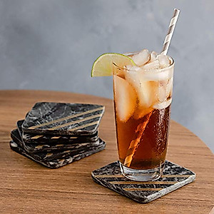 Cork & Mill Marble Coasters for Drinks - Handcrafted Modern Coasters - Square Drink Coasters - Black Marble Coasters with Gold Brass Inlay - Made from Real Solid Marble - Set of 6