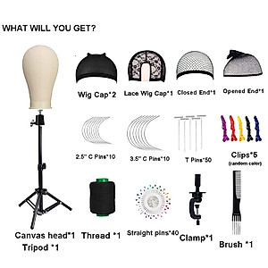 SZCY LLC 23 Inch Canvas Block Wig Head, Wig Stand Tripod with Head, Mannequin Head for Wigs, Manikin Canvas Head Block Set for Wigs Making Display with Wig Caps, T Pins C Pins Set Bristle Brush