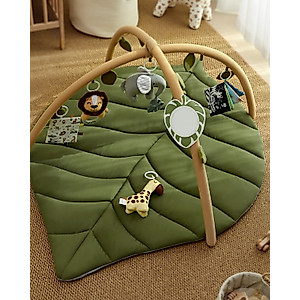 Blissful Diary Baby Play Gym & Activity Mat, Oversize Leaf Shaped Baby Play Mat w 6 Detachable Toys, Tummy Time Mat Promote Motor Skills & Sensory Development Mat, Newborn Infant Baby Essentials Gift