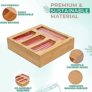 Bamboo Food Storage Ziploc Bag Organizer - Perfect for a Kitchen Drawer and Kitchen Organization - Plastic Ziploc Bags Storage Compatible with Gallon, Quart, Sandwich & Snack Variety Size Bags