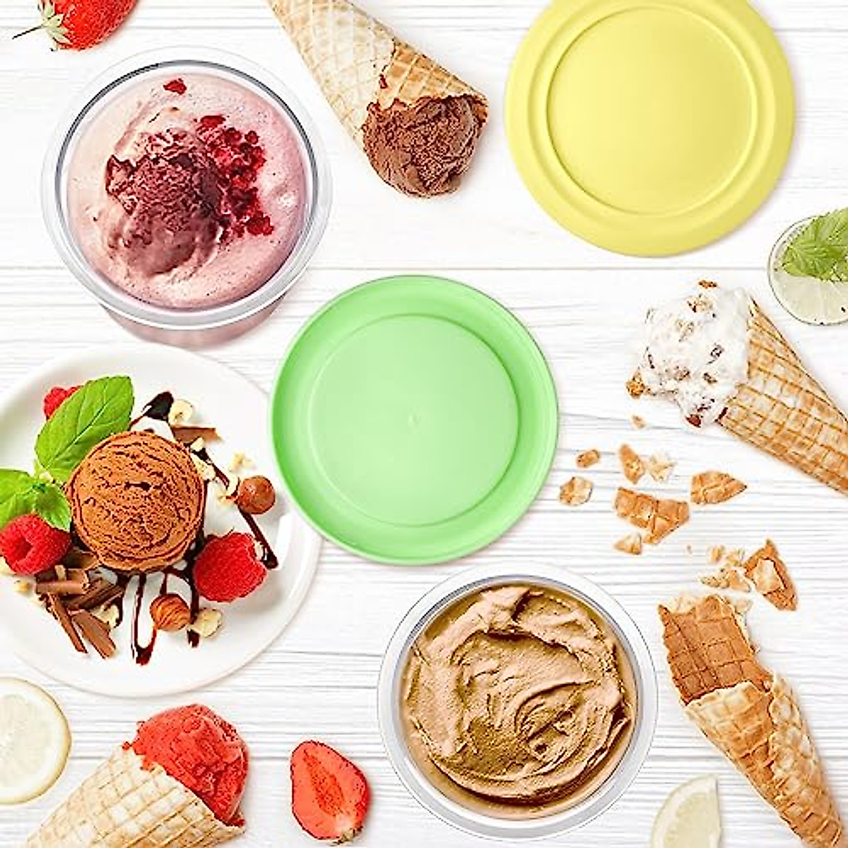 FIRJOY 24 oz. Containers | Extra Replacement Pints and Lids for Ninja Creami Deluxe - Compatible with NC501, NC500 Series (2 Pack - Green, Yellow)