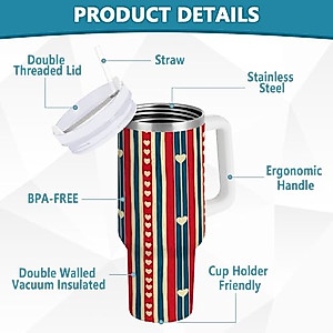ODAWA Stainless Steel Insulated Tumblers Large with Handle and Straw, Red Blue Stripes Hearts Insulated Travel Tumbler