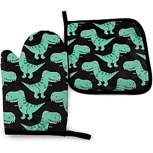 T-Rex Dinosaur Pattern Heat Resistant Oven Mitts and Pot Holders Sets of 2 for Kitchen Non-Slip Oven Gloves for BBQ Cooking Baking