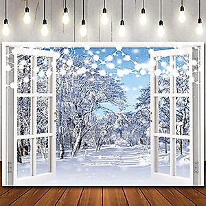 BINQOO 7x5ft Winter Landscape Window Photography Backdrop Christmas Snow Trees Scenery Background Baby Shower Kids Birthday Party Portrait Photo Studio Props