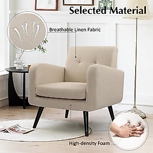 LSSPAID Modern Accent Chairs, Upholstered Fabric Cozy Armchairs, Living Room Side Chair with Solid Wood Legs, Beige