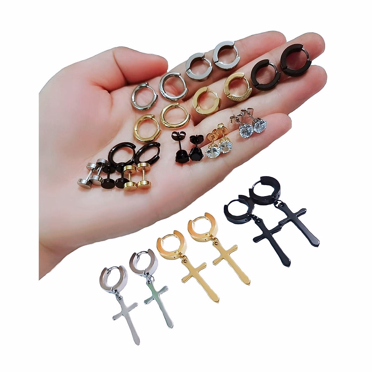 Ofeiyaa 15 Pairs Stainless Steel Dangle Hinged Earrings Hoop Huggie Earrings CZ Stud Earrings Set for Men Women Ear Piercing Jewelry Silver Black Gold Tone