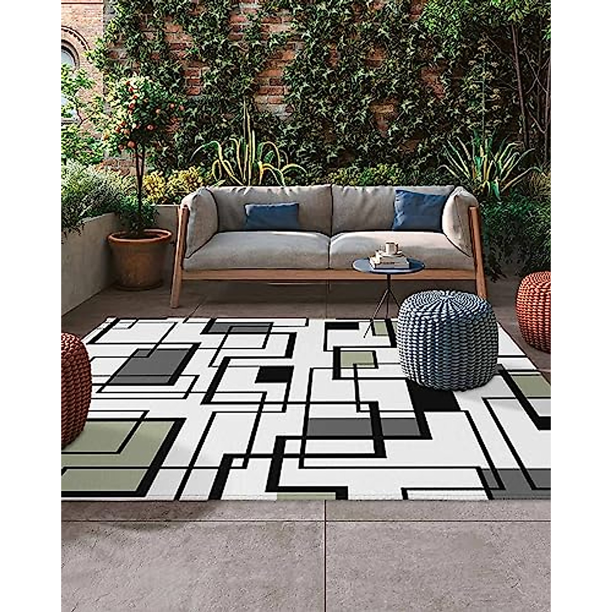 Sage Green Geometric Outdoor Rug for Patio/Deck/Porch, Non-Slip Large Area Rug 5 x 8 Ft, Black Gray Modern Abstract Art Indoor Outdoor Rugs Washable Area Rugs, Reversible Camping Rug Carpet Runner