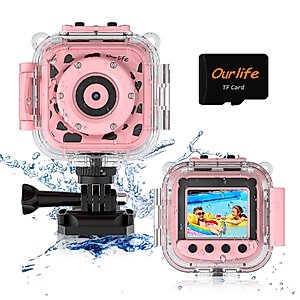 Ourlife Waterproof Camera for Kids, 1080P HD Kids Digital Action Camera Underwater Camera with 8GB SD Card, Birthday Gift Toys for Girls Age 3-14