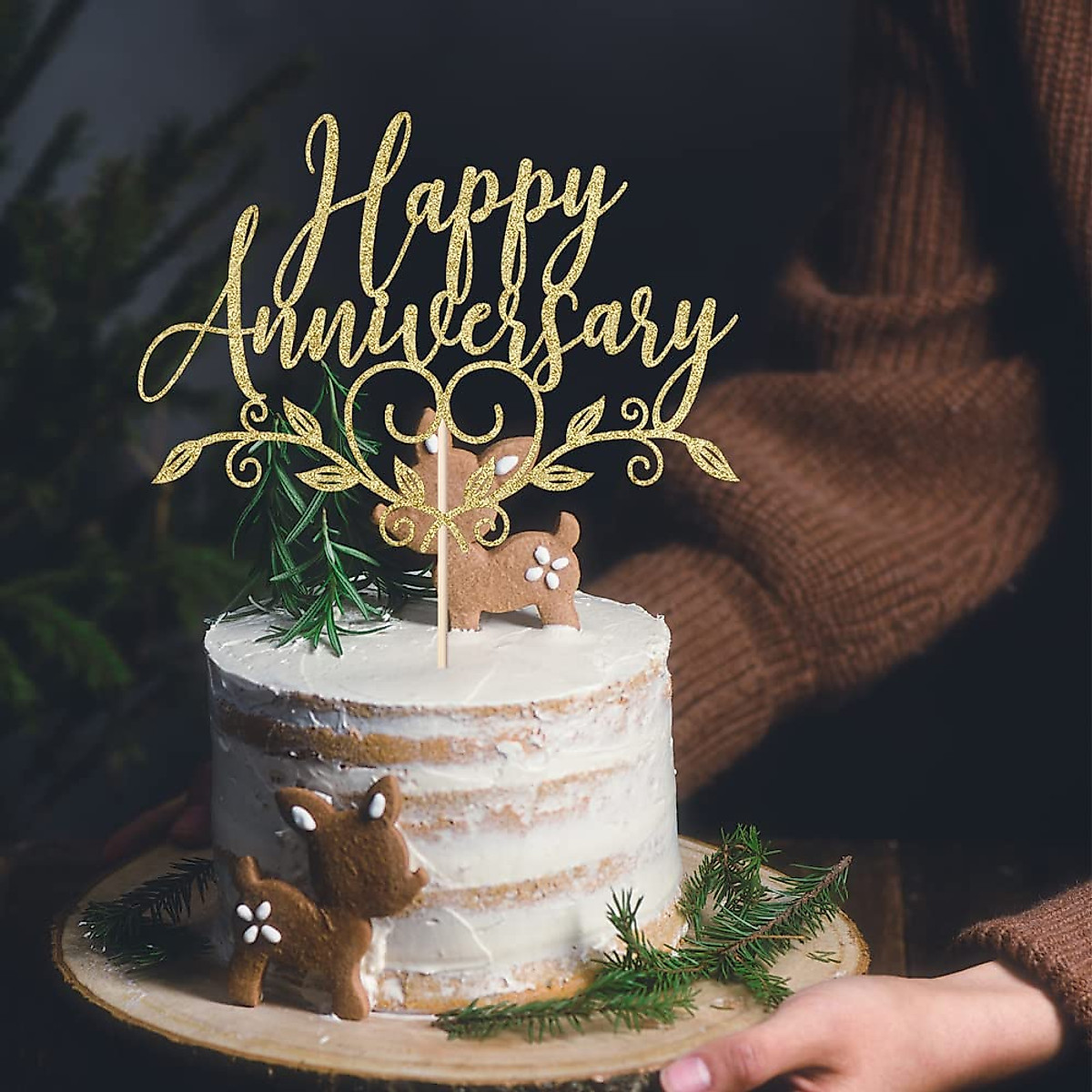 Sodasos Glitter Happy Anniversary Cake Topper,Wedding Anniversary Cake Toppers, Happy Anniversary Party Decorating supplies (gold)