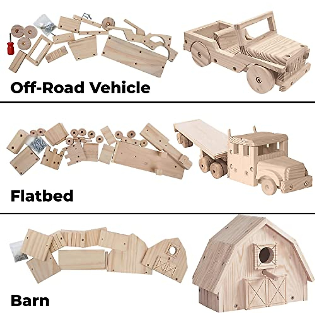 Kraftic Woodworking Building Kit for Kids and Adults, Set of 3 Educational DIY Carpentry Construction Wood Model Kit Toy Projects for Boys and Girls - Off-Road Vehicle, Flatbed Truck, Barn Birdhouse