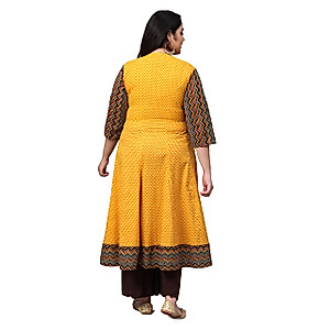 Yash Gallery Plus Size Cotton Geometric Print 3/4 Sleeve Round Neck Anarkali Kurta (Mustard Yellow, 3XL)