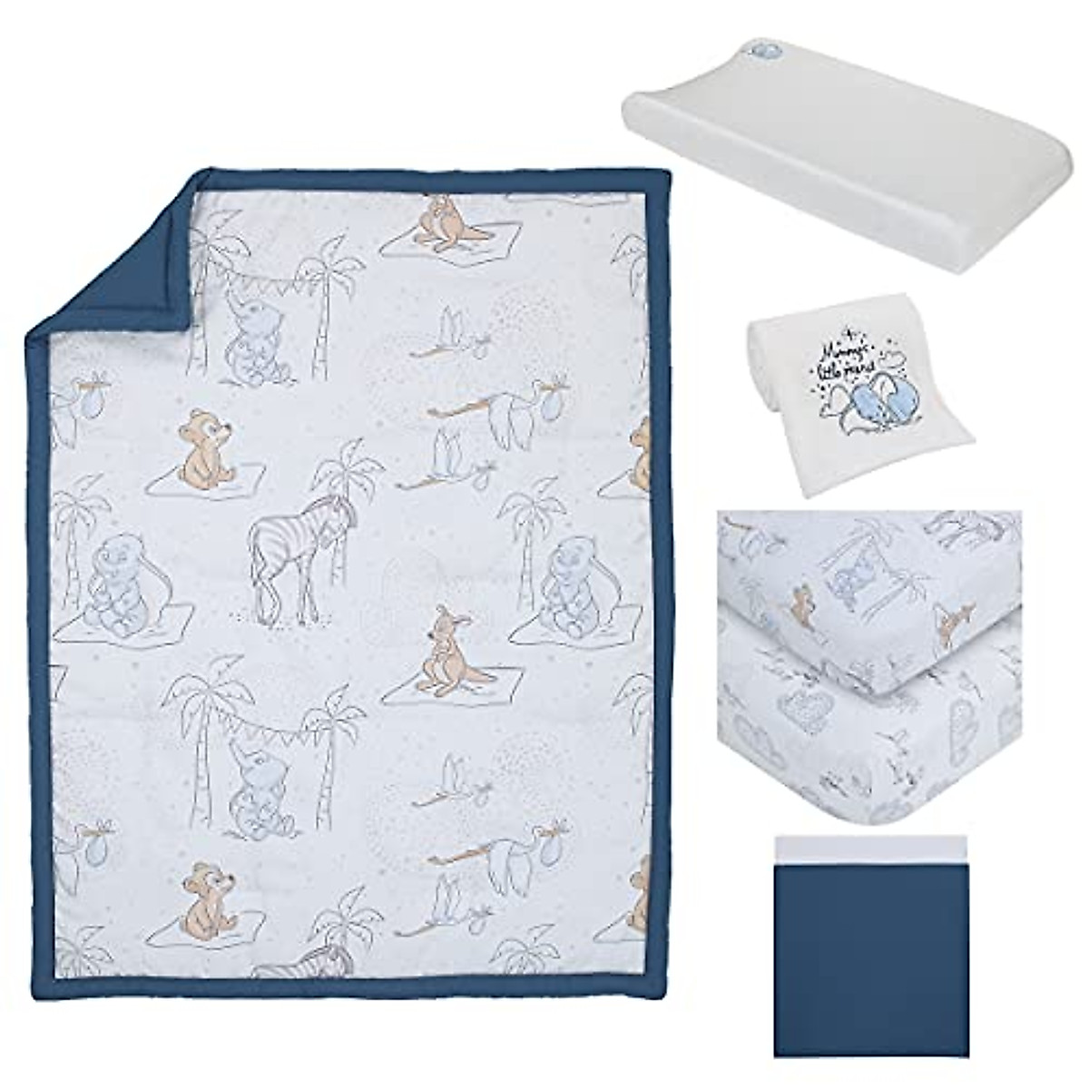 Disney Dumbo Mommy's Little Peanut Ivory, Gray, Blue Kangaroo, Bear, Zebra, Stork with Palm Trees 6Piece Nursery Crib Bedding Set, Ivory, Blue, Grey, Tan