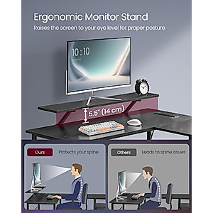 VASAGLE L-Shaped Desk with Power Outlets, Computer Desk with Monitor Stand, Corner Desk, Gaming Desk with LED Lights, 2 Drawers, Easy to Assemble, for Home Office, Ebony Black ULWD095B56