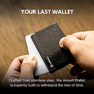 Axwell Damascus Steel Slim Minimalist Wallet For Men - RFID Blocking Front Pocket Card Holder - Tactical Metal Wallet with Money Clip and Cash Strap (Black Damascus)