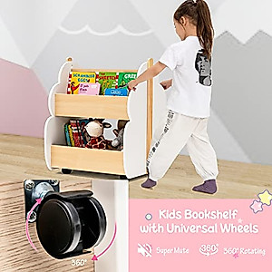 Costzon Kids Wooden Bookshelf w/Universal Wheels, 2-Tier Storage Shelf Book Rack, Toddler Bookcase Toy Organizer for Playing Room, Classroom, Kindergarten