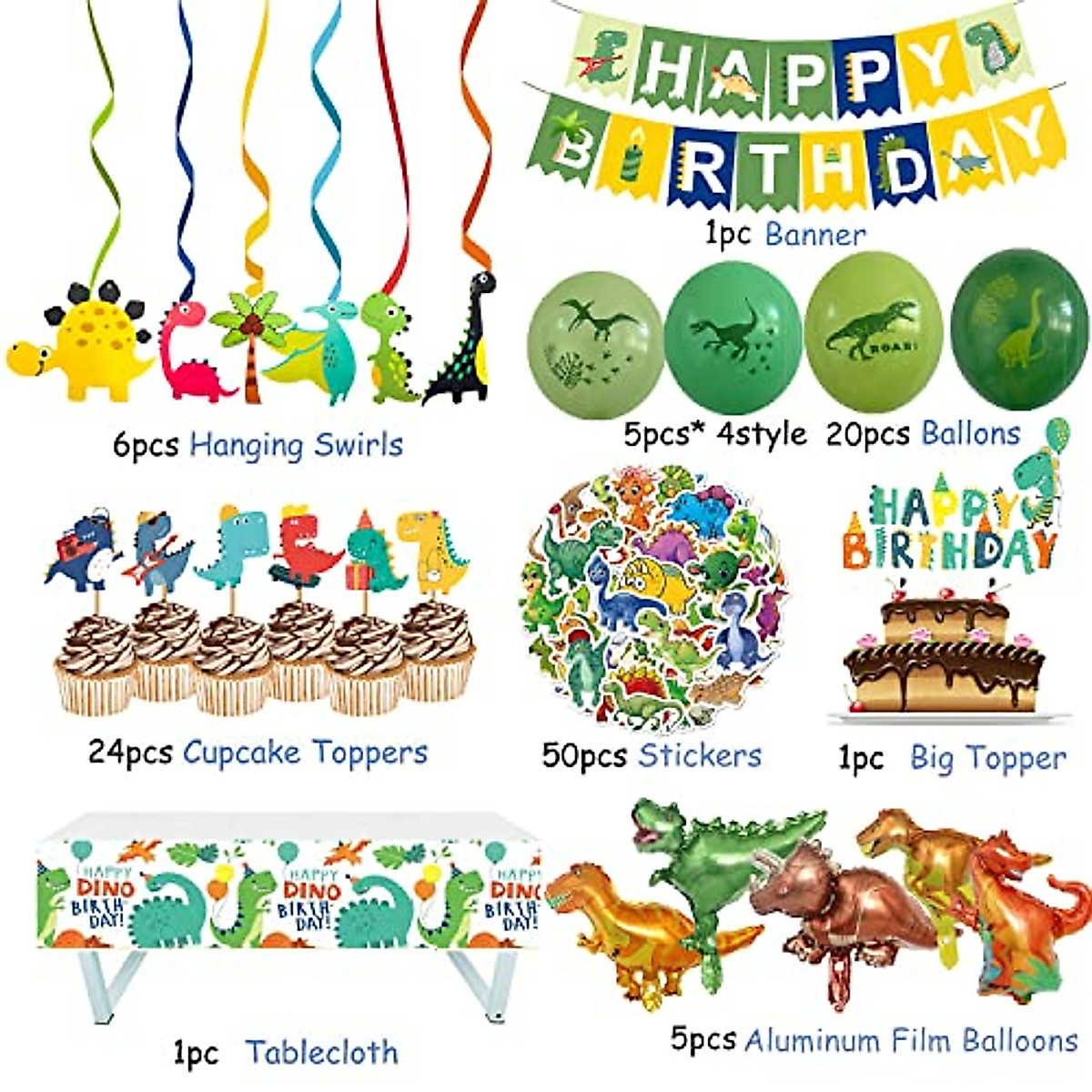 YBST Dinosaur Birthday Party Supplies, 104 Pcs Supplies Set for Boys and Girls, Include Balloons, Banner, Tablecloth, Stickers, Hanging Swirls, Aluminum Film Cake Topper Cupcake Toppers