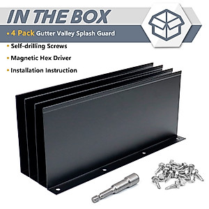 Flamorrow 4 Pack Aluminum Gutter Valley Splash Guards, Rainwater Roofing Gutter Guard, Straight Gutter Splash Guard for Flat Shingle Roofs, Valley, Corner, Black