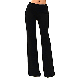 Vivicastle Women's USA Fold Over High Waist Wide Leg Long Palazzo Pants (Large, Solid Black)