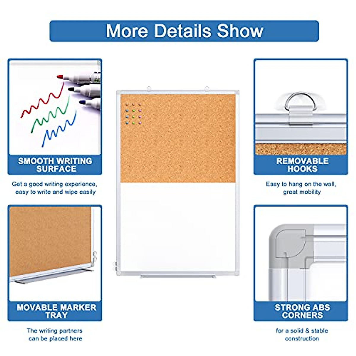 Dry Erase Board and Cork Board Combo, Magnetic White Board Combination Bulletin Board for Office Wall, 36 x 24 Inches Push Pin Whiteboard Vision Board for Home Office with 3 Marker 1 Erase 6 Magnet