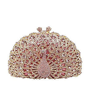 Boutique De FGG Elegant Crystal Clutches For Women Peacock Clutch Bag Evening Purses and Handbags (Small, Pink)