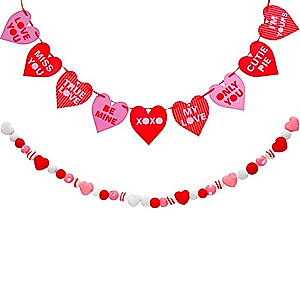 2 Pieces Valentines Day Felt Balls Banner Conversation Candy Hearts Banner Felt Pom Pom Garland Valentines Heart Sayings Garland for Valentines Party Wedding Birthday Decorations